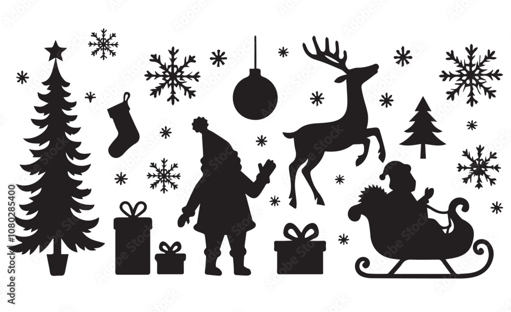 Set of christmas theme icons silhouette, black and white vector clipart ...