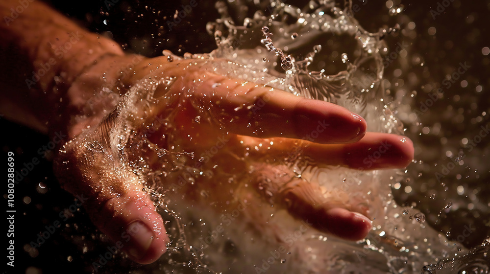 Hands, water splash and cleaning skin, bacteria and hygiene for blue ...