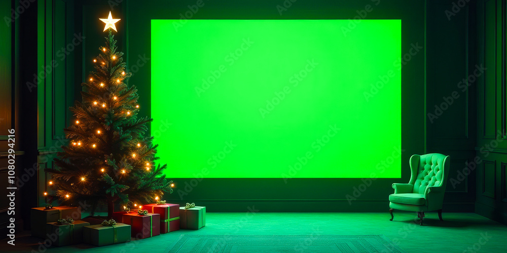 Festive Christmas background with decorated Christmas tree and a huge ...