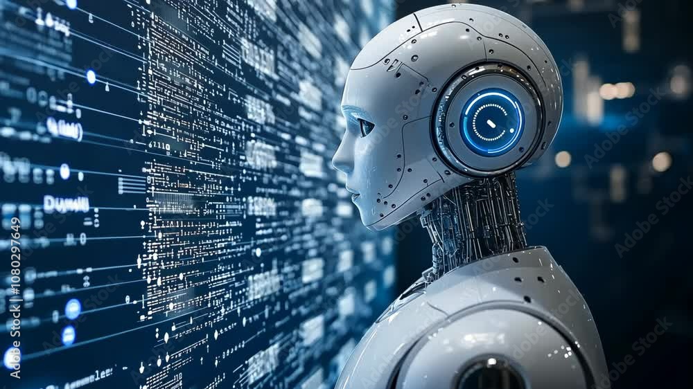 A white humanoid robot looks intently at a screen displaying lines of ...