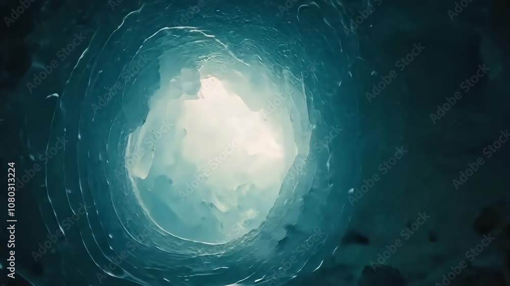 An abstract photo of an ice cave, taken from a low angle with the light ...