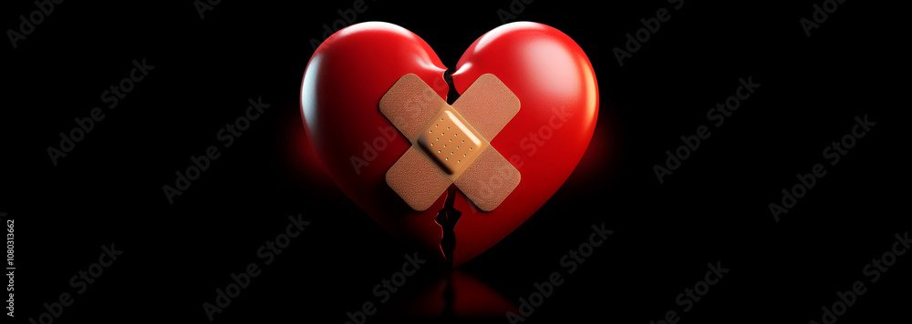 Extreme close-up of a red broken heart with a cross band aid (adhesive ...