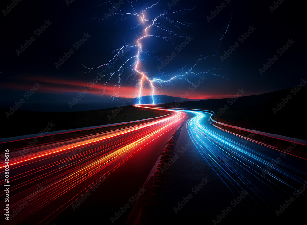 A winding road stretches into the distance, illuminated by streaks of ...