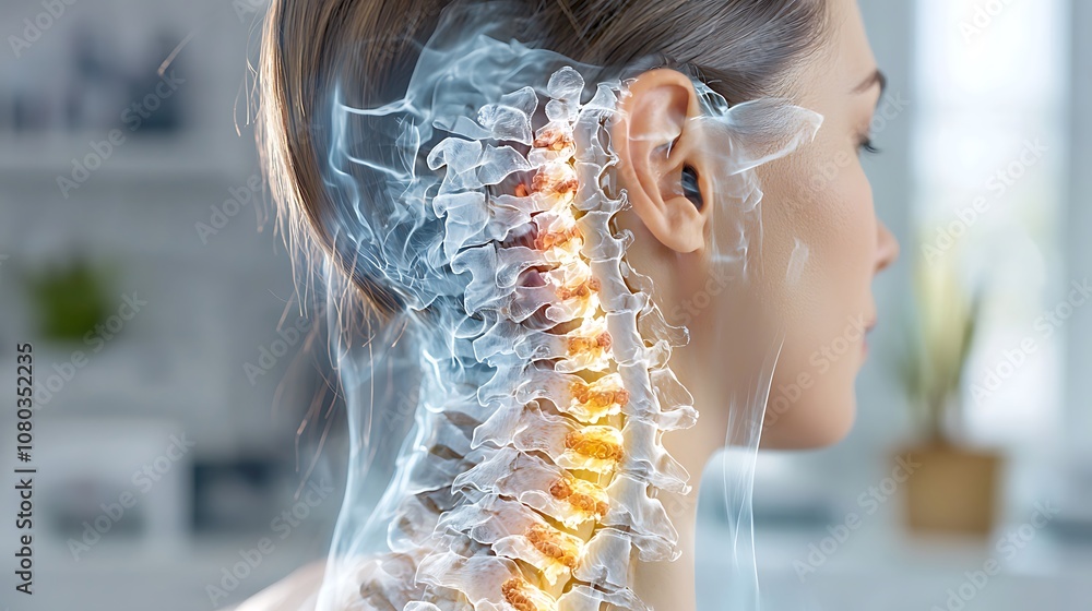 The illustration shows a detailed x ray of a woman's spine, revealing ...