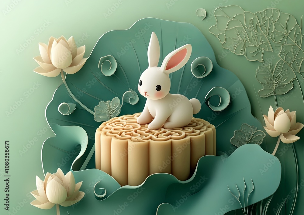 bunny with mooncakes and lotus flowers under the full moon. Chinese ...
