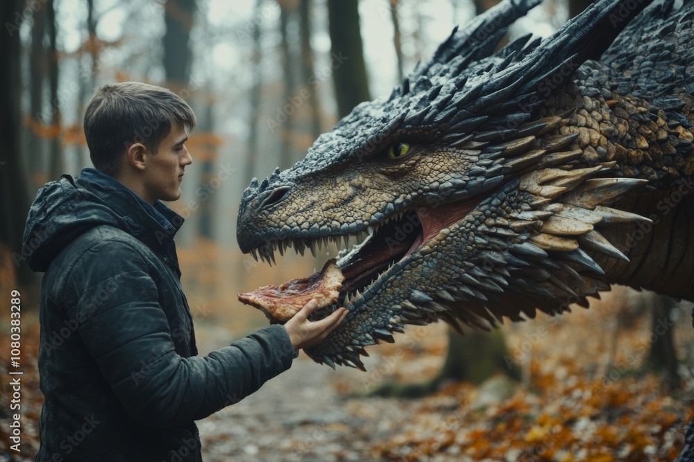 young man feeds a dangerous dragon by hand with piece of meat, taming a ...