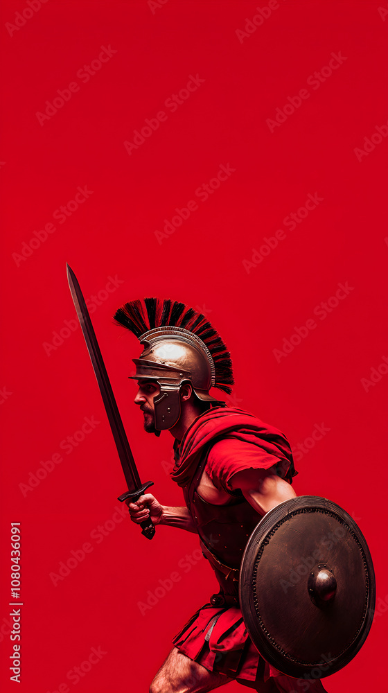 A Roman legionary in a red tunic and helmet, with a gladius and shield ...