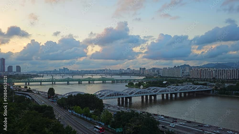 Seoul, Hangang Bridge over Han River, and Green Railway Bridge at ...