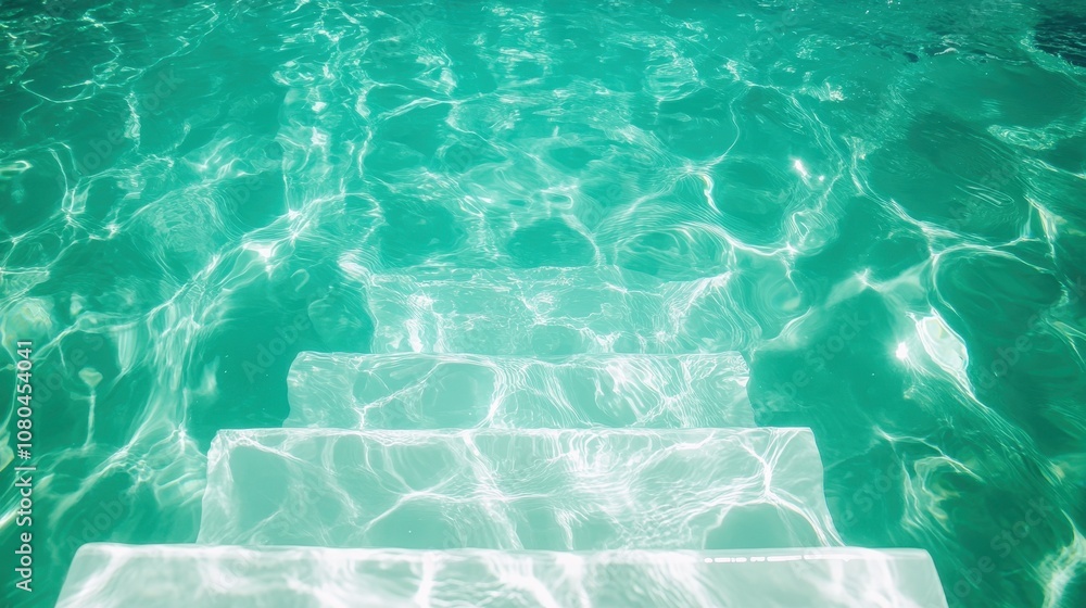 Bright sunlight illuminates underwater steps leading into a pool of ...