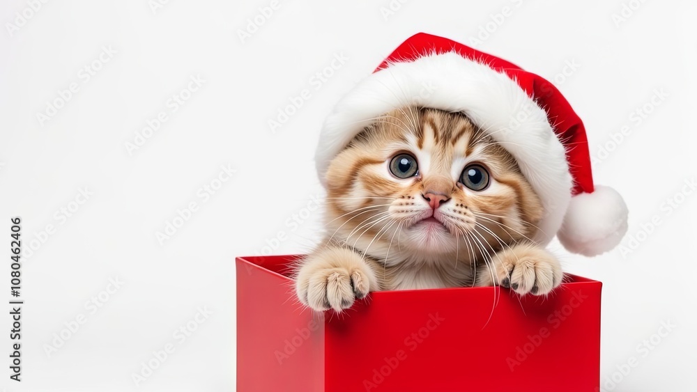 Cute cat coming out of a christmas red gift. Cute cat in a santa's hat ...