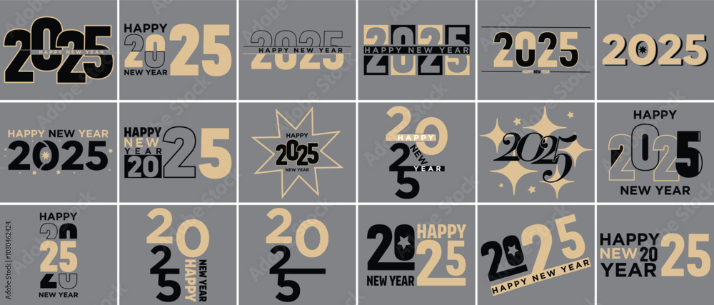 2025 gold Design Bundle,Big Set of 2025 Happy New Year gold logo text ...