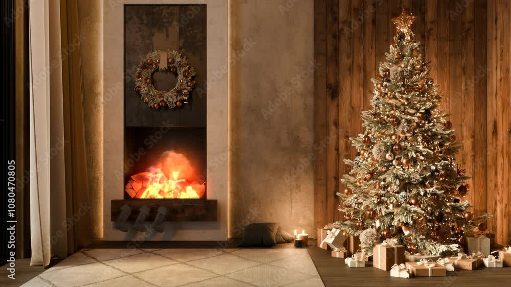 Stockvideon cozy room interior with christmas tree and candles and ...