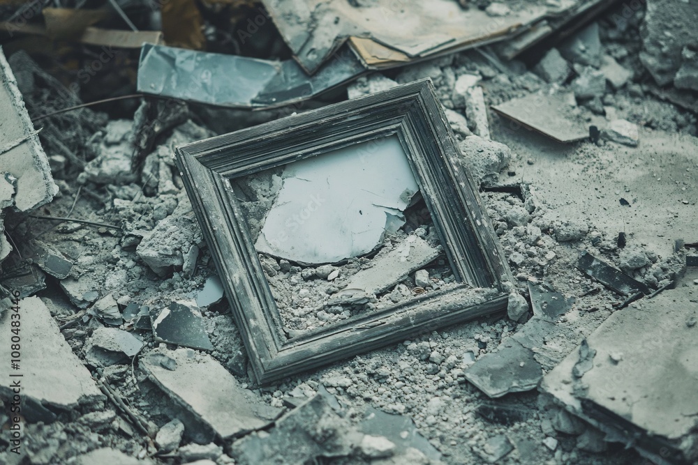 Broken picture frame lying in rubble after a disaster. Symbol of loss ...