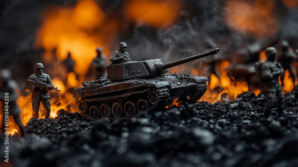 Foto de Miniature war scene depicting soldiers and a tank amidst flames ...