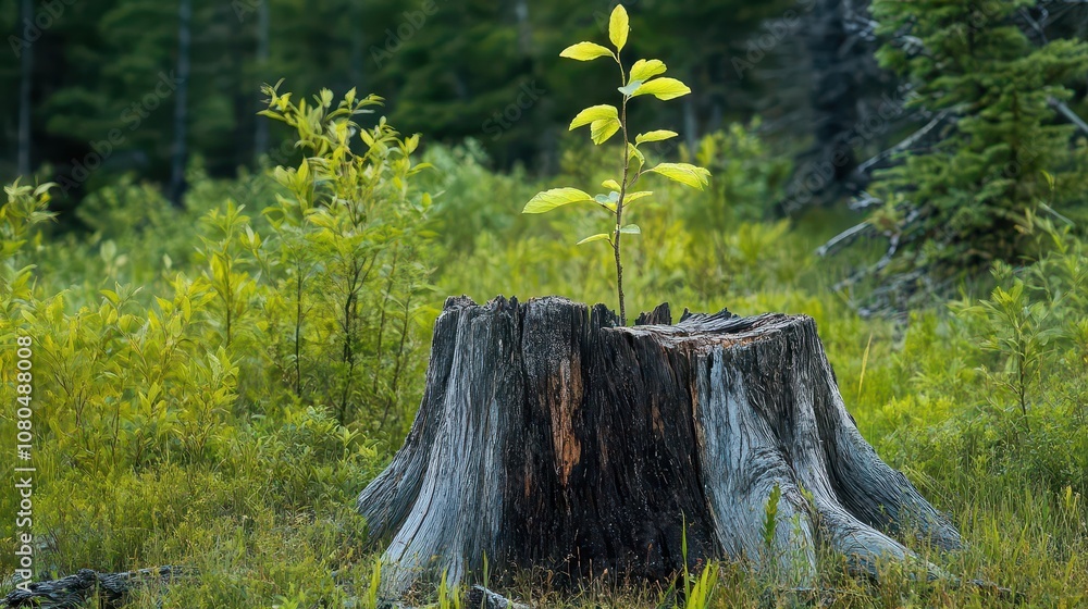 a young sapling pushes through an ancient tree stump, symbolizing ...
