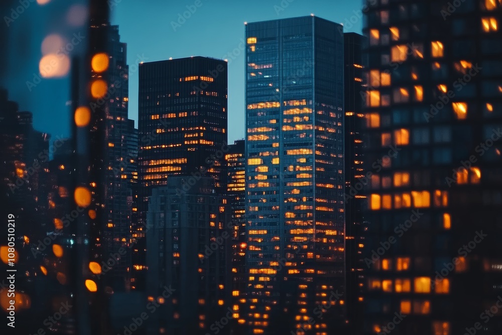 Nighttime close up of illuminated skyscrapers with glowing windows ...
