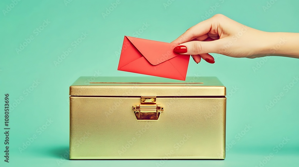 Hand Reaching to Insert Red Envelope into a Shiny Gold Ballot Box on a ...
