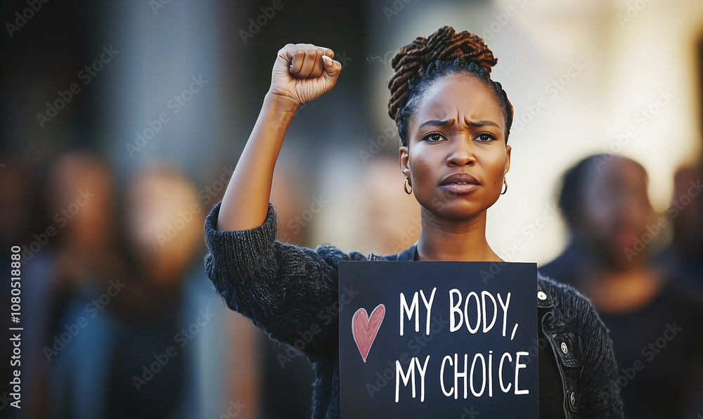 A woman passionately protesting in a crowd, holding a "My Body, My ...