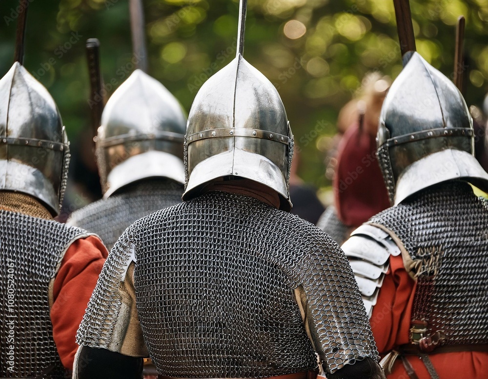 back view of medieval soldiers wearing chainmail and helmets gathered ...