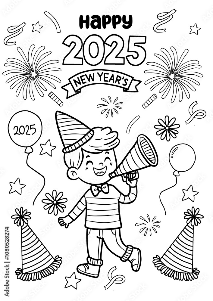 Ilustrace „New year's 2025 coloring page with cheerful child with a ...
