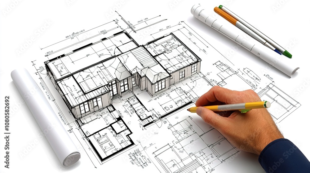 Detailed Architectural Blueprint with Hand Drawing Plans, Blueprints ...