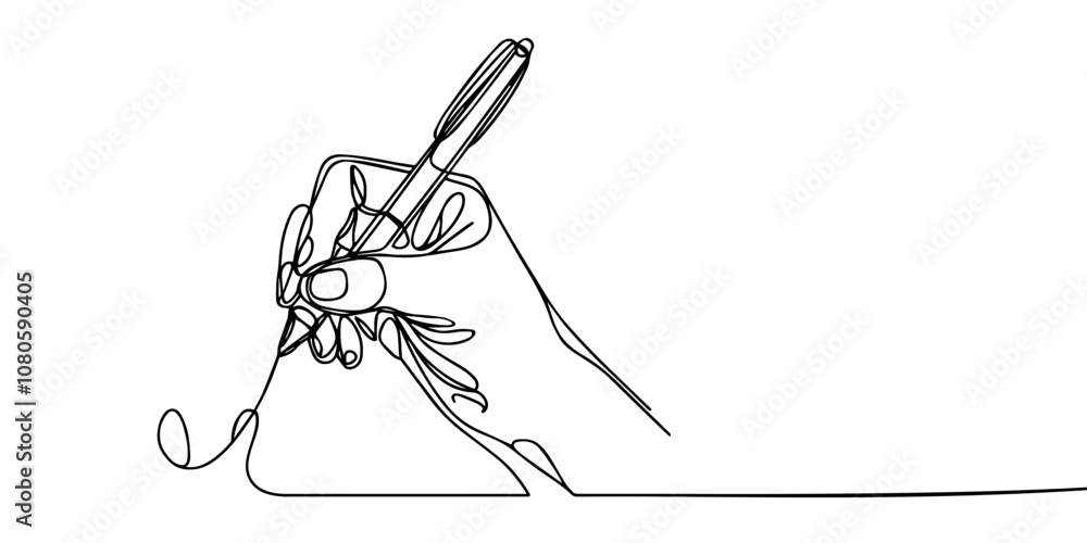 Hand holding pen and writing in one continuous line drawing. Letter and ...