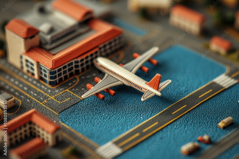 Top-down view of a matchbox airport, with tiny planes on the runway and ...