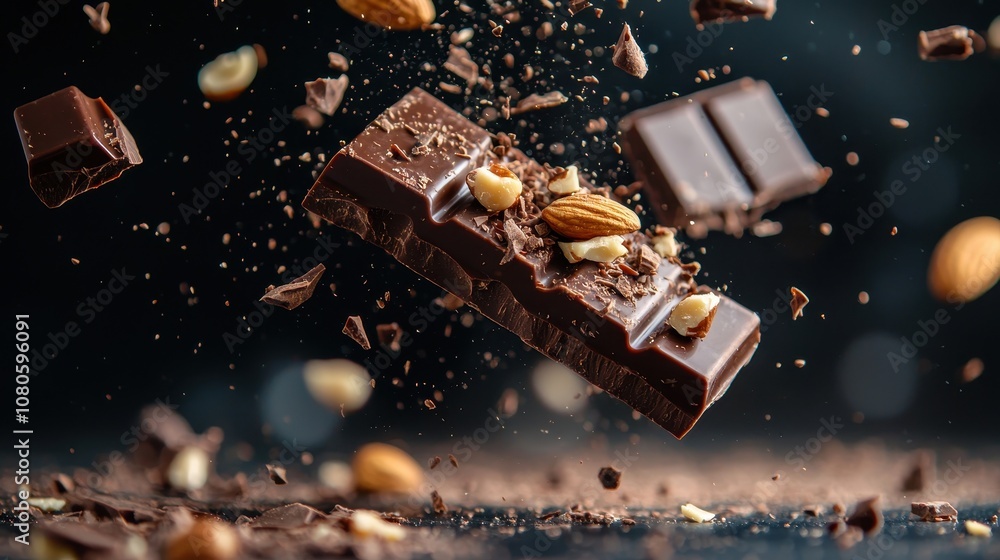 Exploded chocolate bar with chunks of chocolate, nuts, and caramel ...