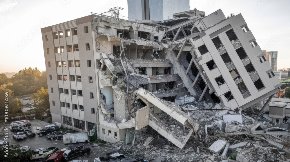 The collapsed hospital building. The building is in ruins, its ...
