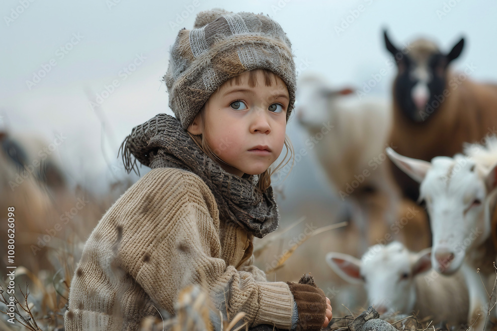 Shepherd with his staff guiding his flock of sheep across the tranquil ...