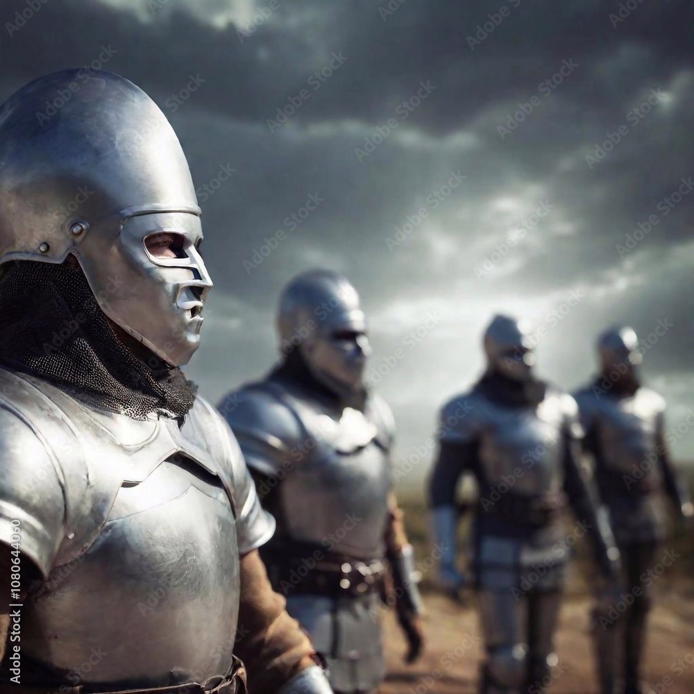 extreme closeup portrait of a knight leading a group of soldiers on ...