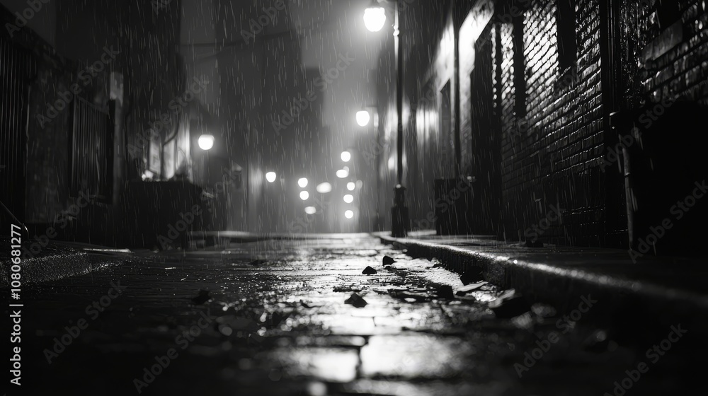 Black and white film noir alleyway at night, empty with street lights ...