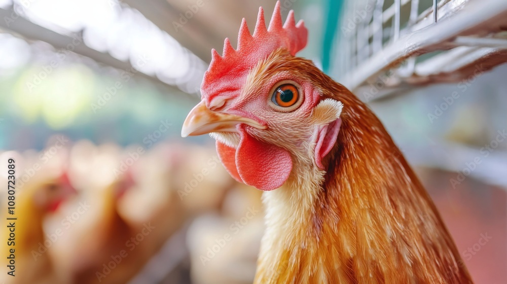 This close up features a lively hen in an organic farm highlighting the ...