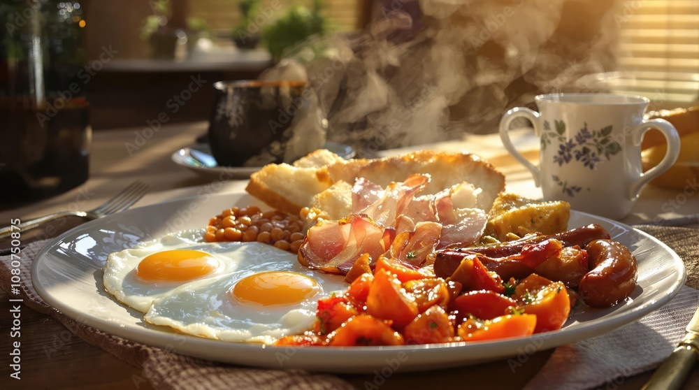 Full English Breakfast, Fried Eggs, Bacon, Sausages, Baked Beans ...