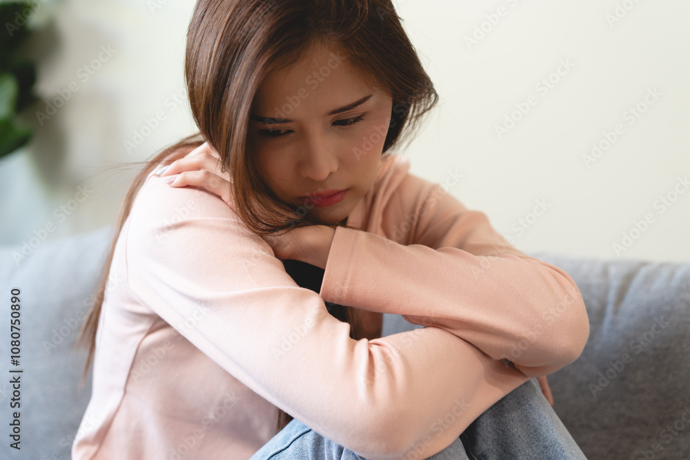 Depression in teenage concept, Young women covering her face feeling ...