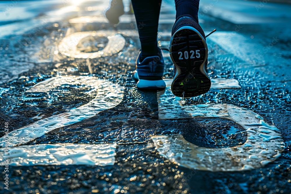 Determined Runner Approaching the Finish Line on a Rainy Track with ...