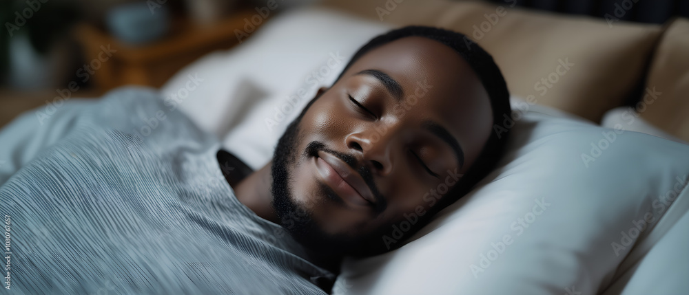 profile of young african man sleeping calmly in the bed in his bedroom ...