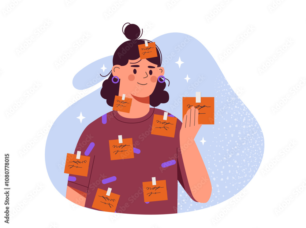Woman with time management. Girl with sticky paper with tasks. Planning ...