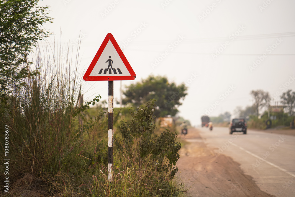 roadside pedestrian sign, rural safety road sign, pedestrian crossing ...