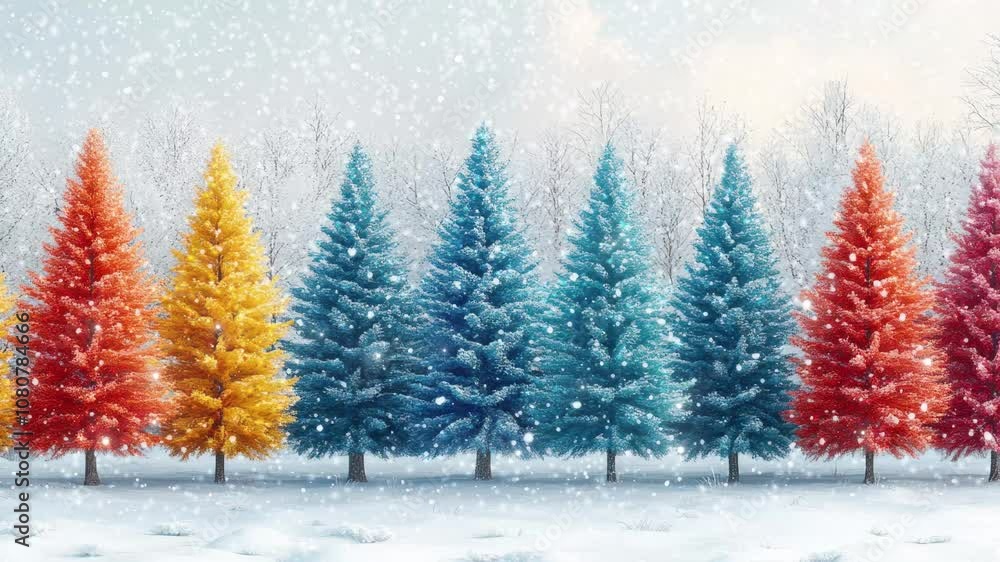 Vibrant trees in shades of red, yellow, and blue contrast against a ...