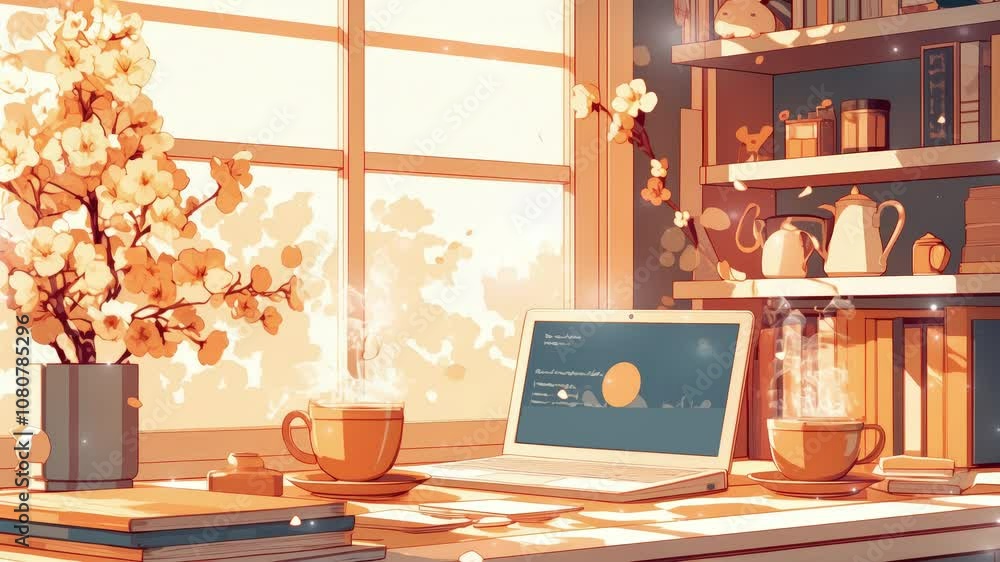 Warm sunlight illuminates a tranquil workspace adorned with flowers and ...