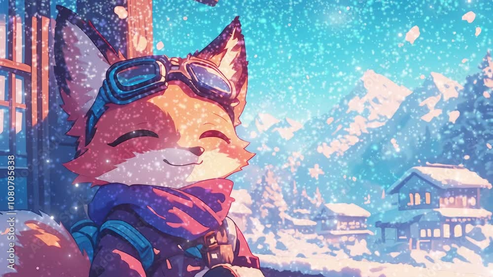 cheerful fox enjoying a snowy mountain village in winter wonderland ...