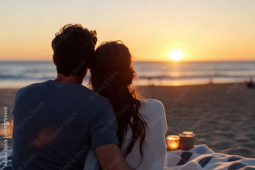 Couple sits on a sandy beach, witnessing a mesmerizing sunset, their ...