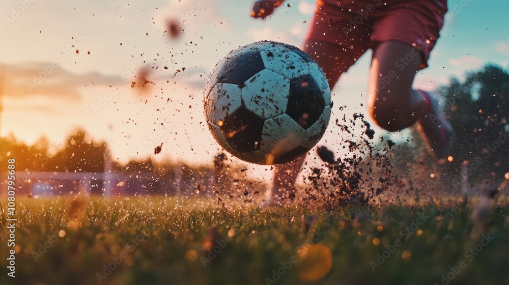 Soccer player kicking a muddy ball on a field, raising a spray of dirt ...