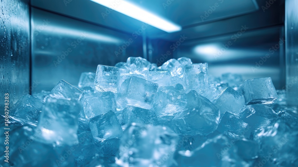 Industrial freezer featuring ice cubes in a room designed for the ...