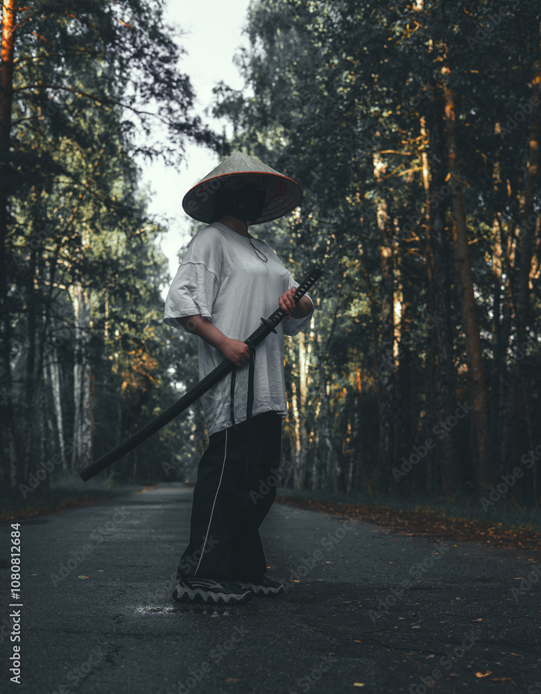 Confident samurai warrior in traditional japanese attire stands on ...