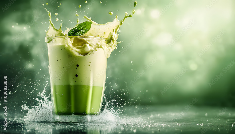 Creative food template. Close up Topping of matcha green tea glass of ...