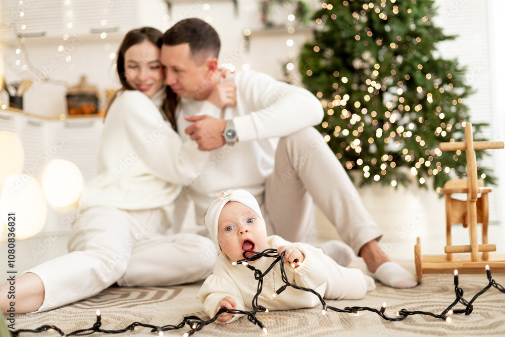 a small child with a garland in focus against the background of kissing ...