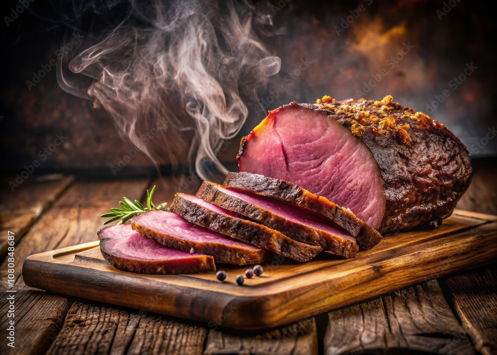 Rustic Smoked Meat Delight on Wooden Cutting Board with Aromatic Steam ...
