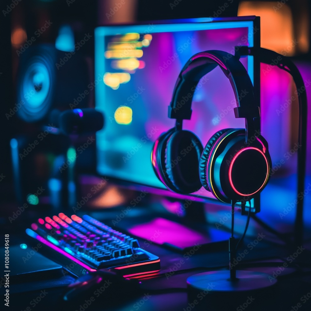 A professional gamer's setup, complete with headphones and a microphone ...